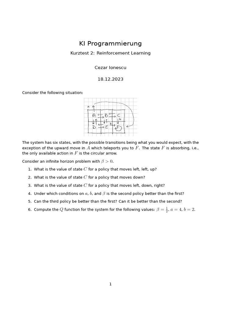 KI Programmierung: Kurztest 2: Reinforcement Learning | PDF