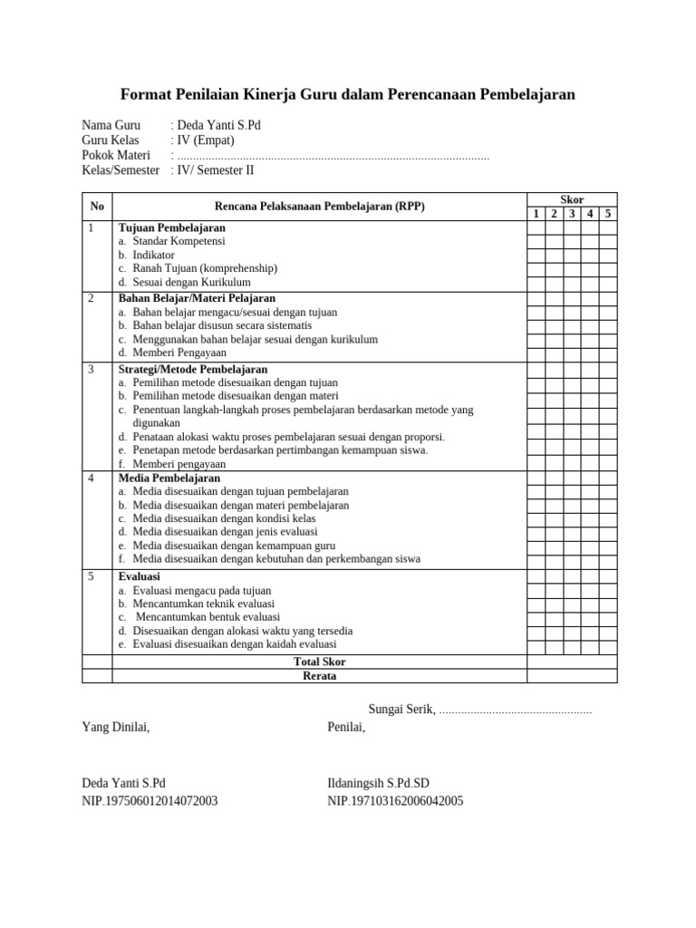 Format Penilaian Kinerja Guru Dalam Perencanaan Pembelajaran | PDF
