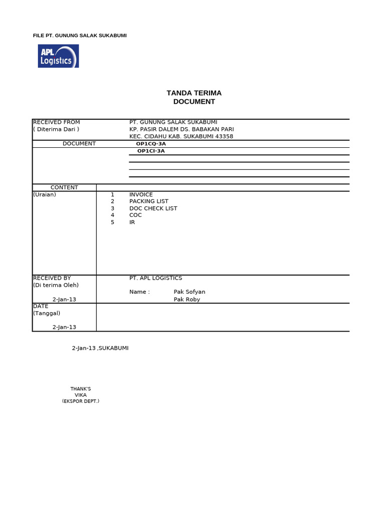 Tanda Terima Document: File Pt. Gunung Salak Sukabumi | PDF