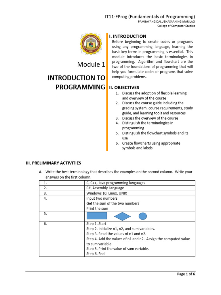 IT11-FProg Module 1 INTRODUCTION TO PROGRAMMING-1 | PDF