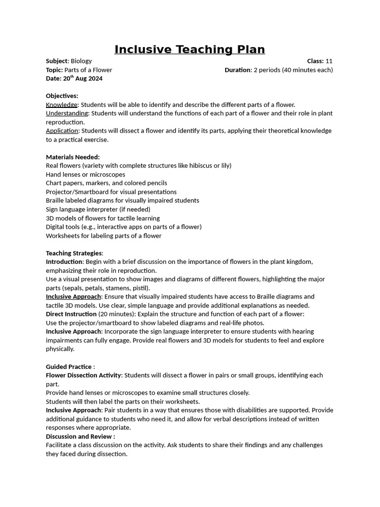 Inclusive Teaching Plan For Teaching | PDF
