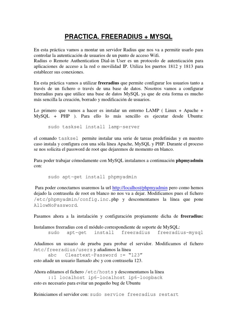 Practica FreeRadius + MySQL | PDF | Servidor HTTP Apache | SQL