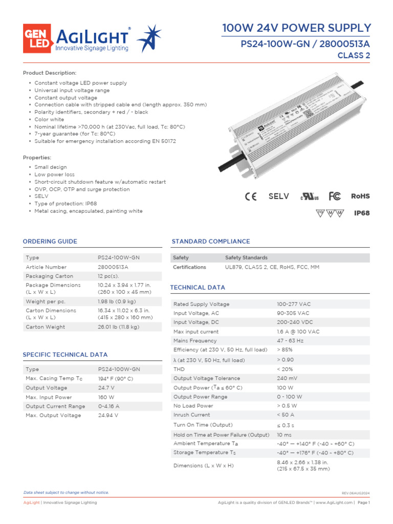 AgiLight SpecSheet PS24-100W-GN 06AUG2024 | PDF