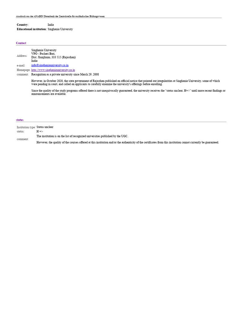 Anabin Data - Singhaniya University | PDF