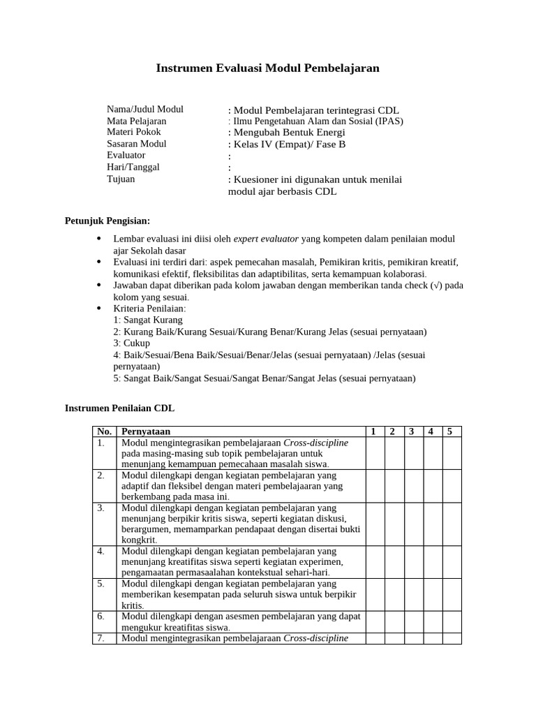 Instrumen Evaluasi Modul Pembelajaran | PDF