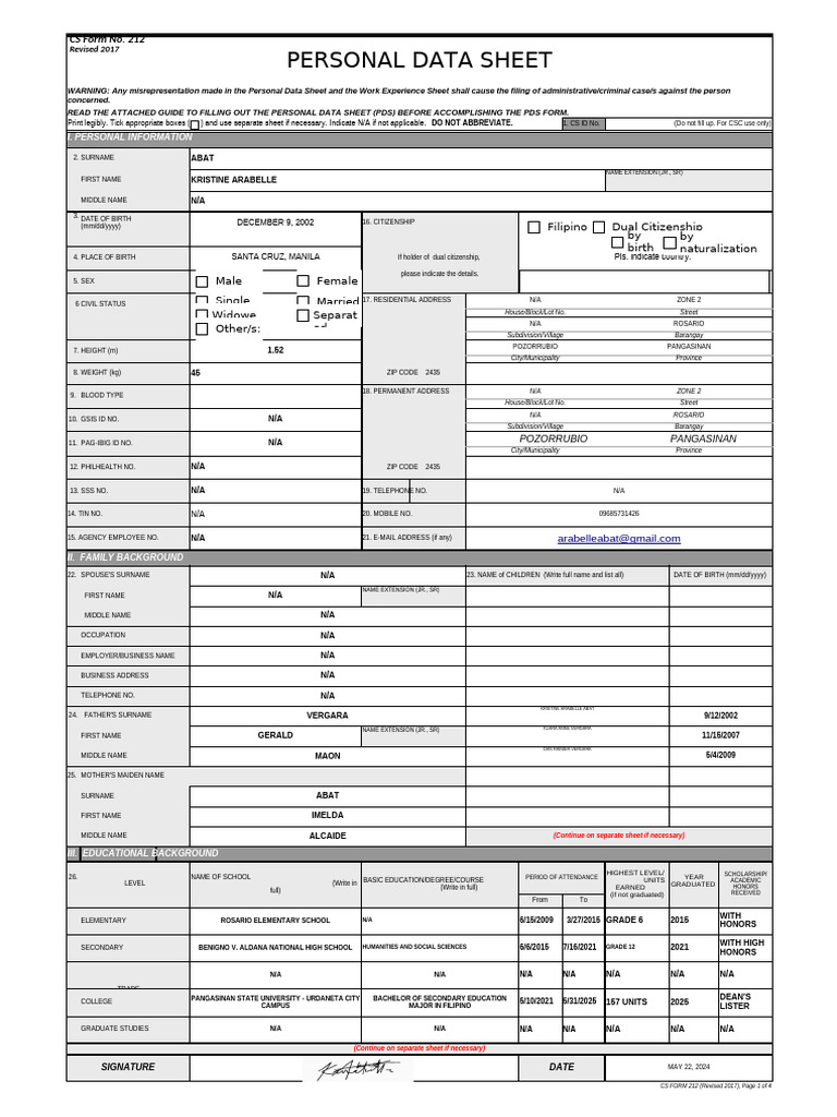 CS Form No. 212 Personal Data Sheet Revised | PDF