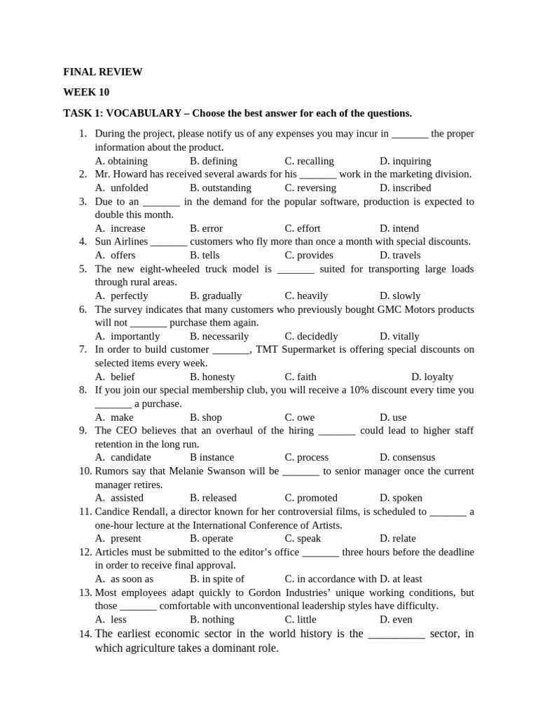 Final Review (Week 10)_Exercises and Key | PDF