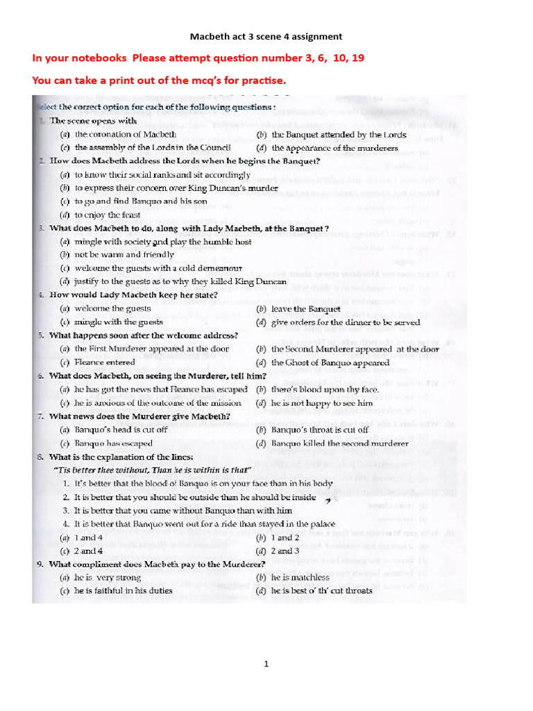 Macbeth Act 3 Scene 4 Assignment | PDF