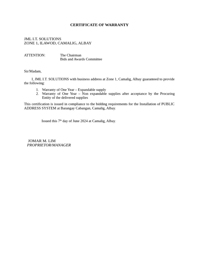 Certificate of Warranty v2 | PDF