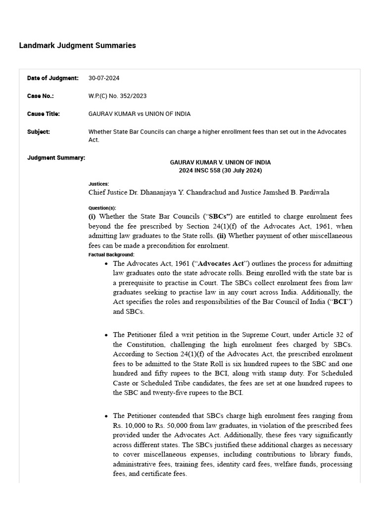 Landmark Judgment Summaries Supreme Court of India India | PDF