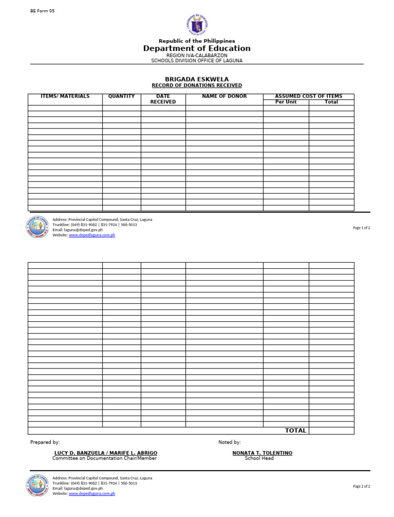 BE Form 5 RECORD OF DONATIONS RECEIVED | PDF