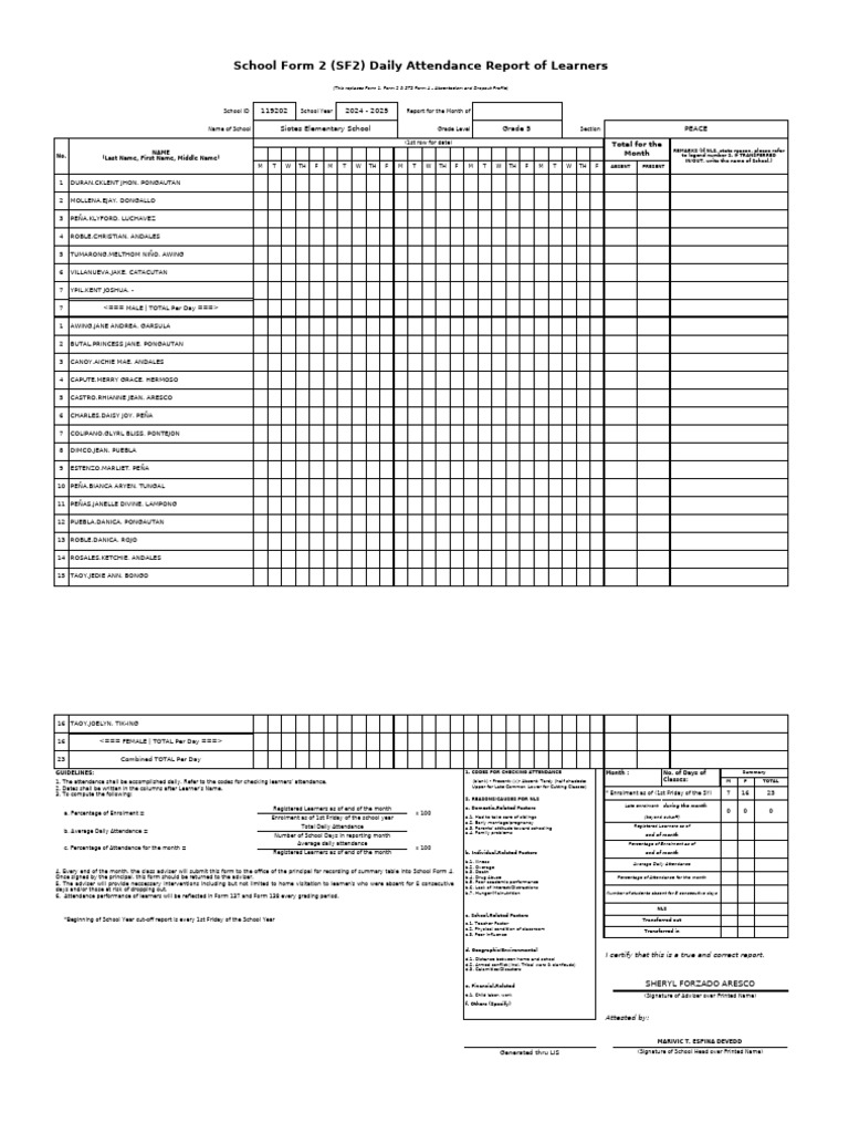 SF2 - 2024 - Grade 5 - PEACE | PDF
