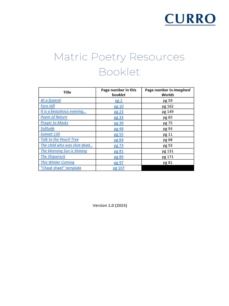 Matric Poetry Resources Booklet - v1.1 | PDF