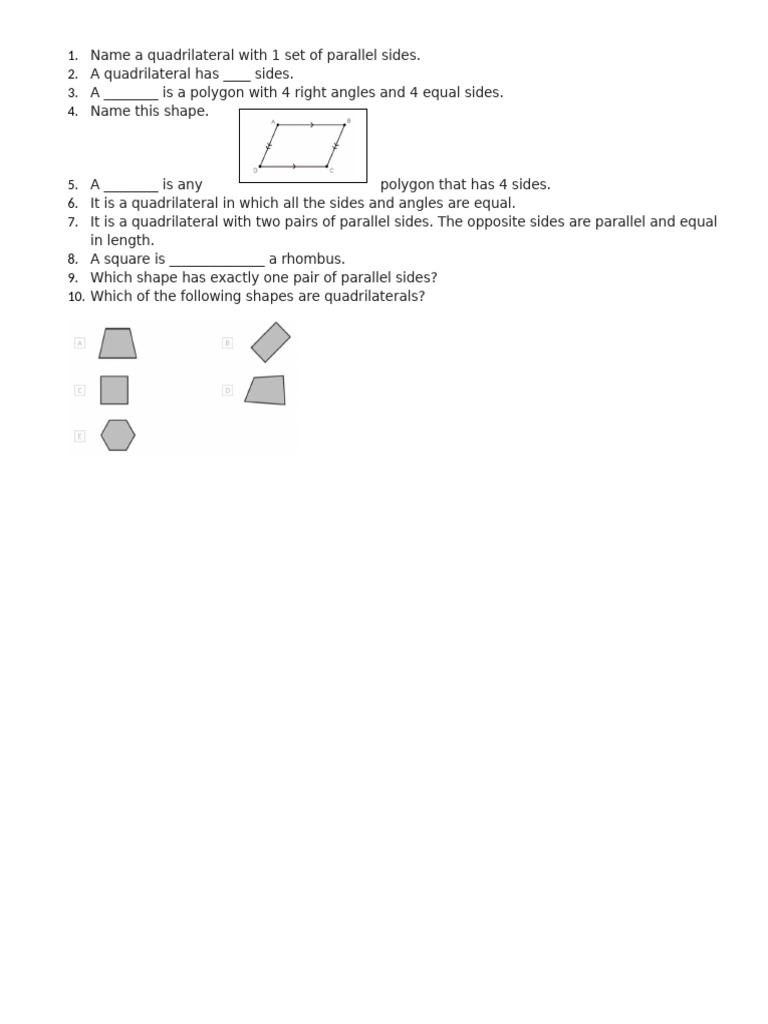 Name A Quadrilateral With 1 Set Of Parallel Sides Pdf