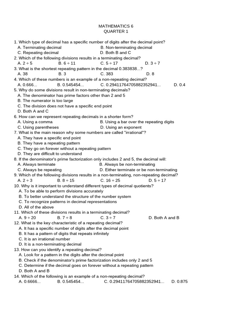 Math Quiz-Terminating & Non-Terminating Decimals | PDF