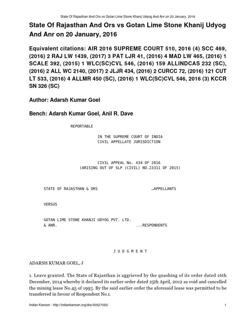 State - of - Rajasthan Vs Gotan - Lime - Stone - Khanij - Udyog | PDF
