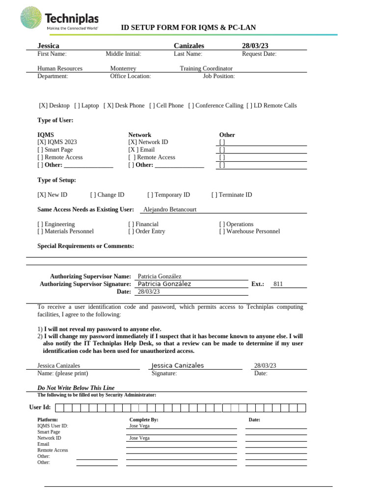 ID Setup Form Techniplas - Jessica Canizales | PDF