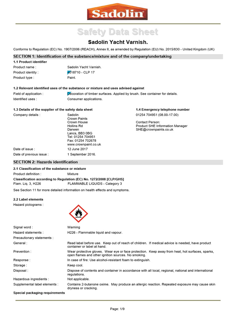Sadolin Yacht Varnish CLP SDS 120617 | PDF