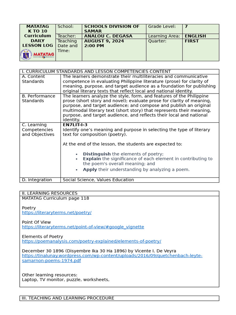 MATATAG-Curriculum-Lesson-Plan DEMO | PDF