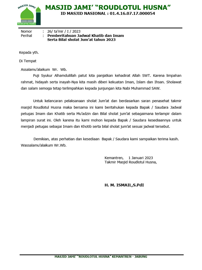 JADWAL IMAM DAN KHOTIB JUM'AT 2023 | PDF