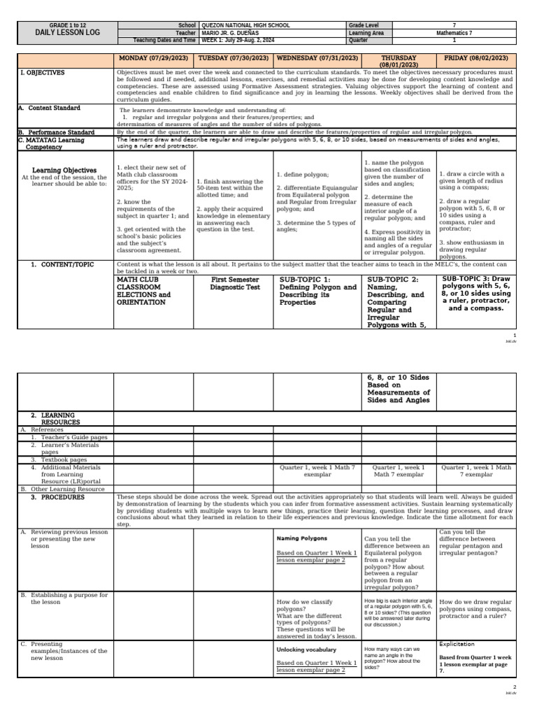 Grade 7 Math DLL Week 1 Overview | PDF | Polygon | Curriculum