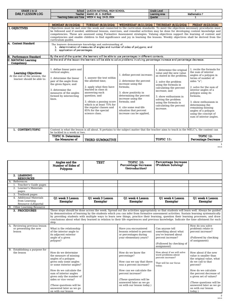 Grade 7 Matatag DLL (Week 4) | PDF | Learning | Curriculum
