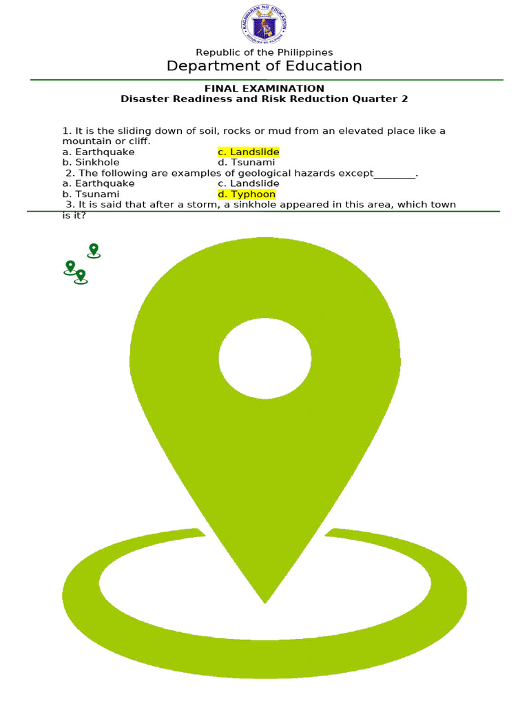 DRRR FINAL TEST With ANSWERS | PDF | Tropical Cyclones | Landslide