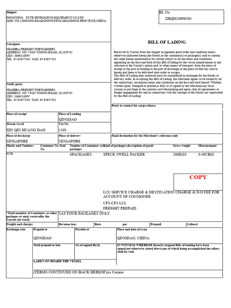 Bill of Lading | PDF