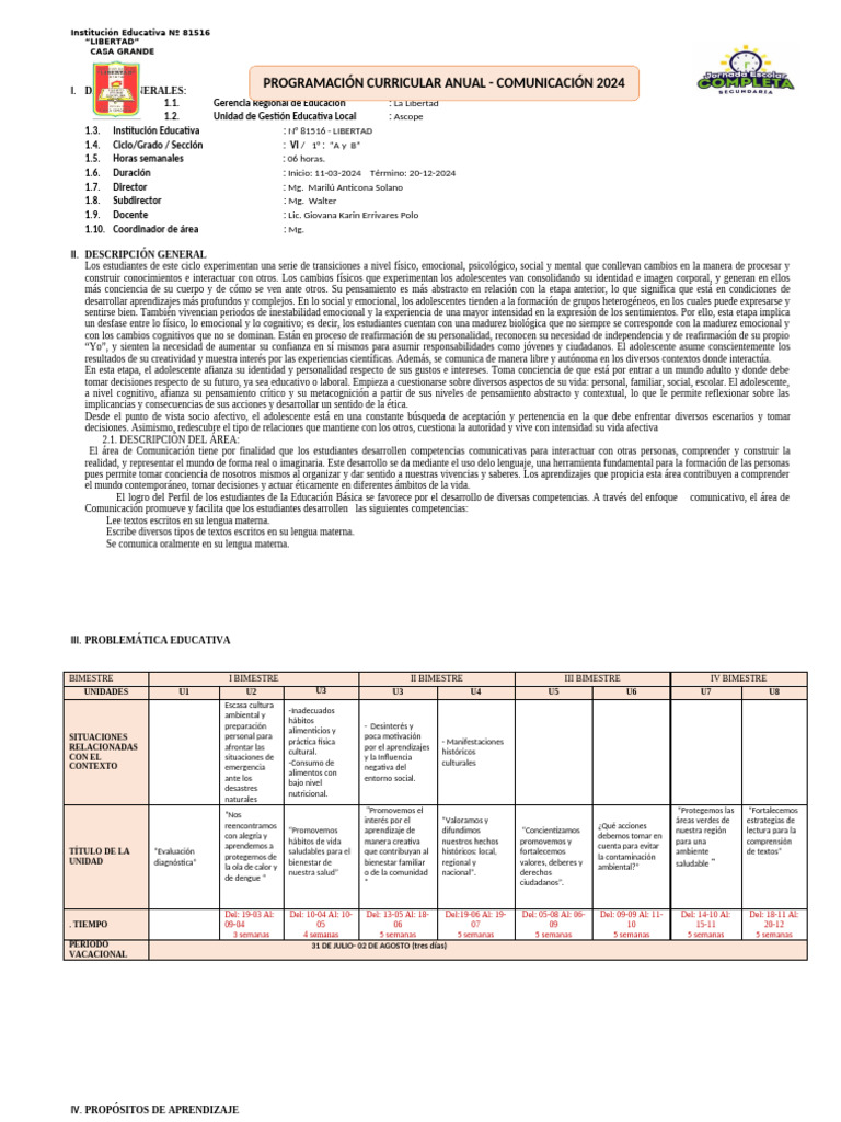 Programacion Anual Primero-2024 | PDF