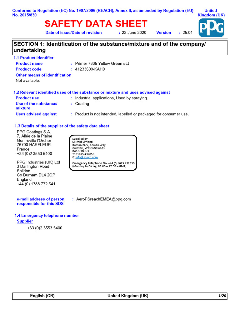 PPG Primer 7835 Yellow Green 5LT - SDS (En) 22-6-20 | PDF