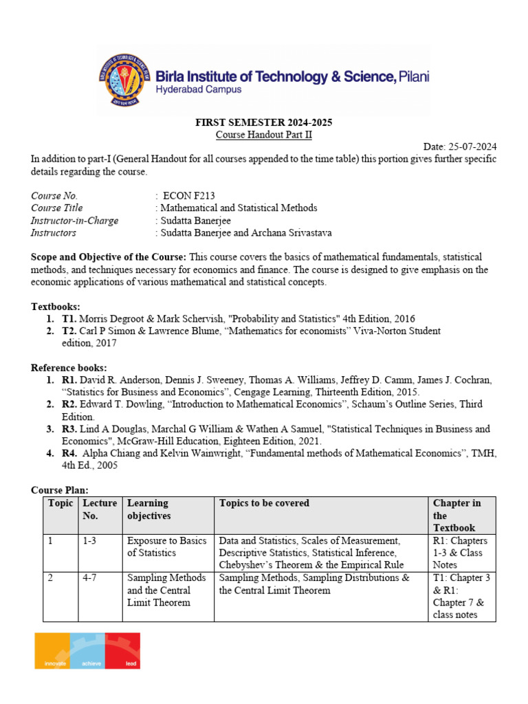 ECON F213 - Course Handout Part II - 240802 - 113100 | PDF