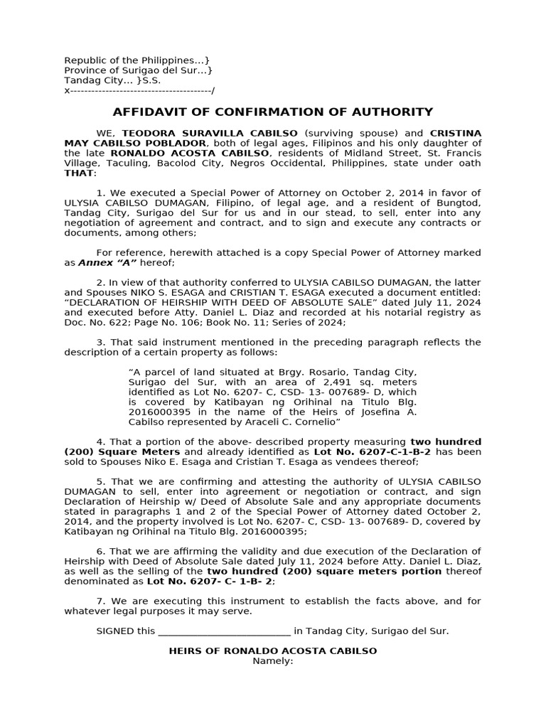 Affidavit of Confirmation of Authority-Cabilso | PDF