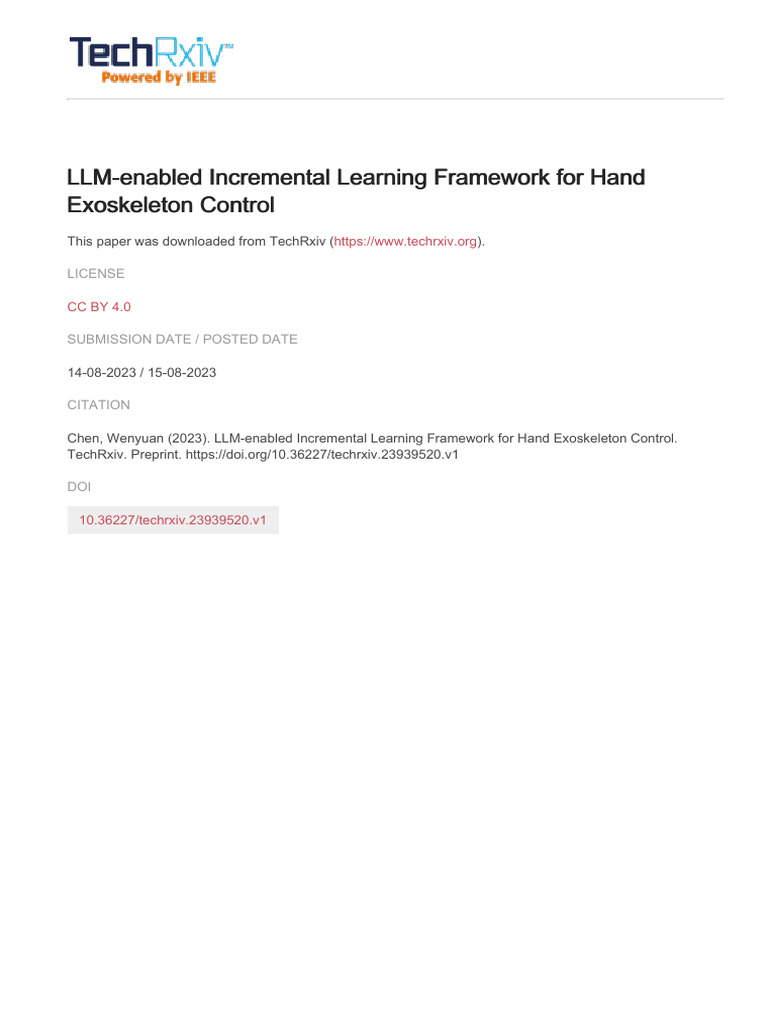 LLM-Enabled Incremental Learning Framework For Hand Exoskeleton Control | PDF | Parsing | Thumb