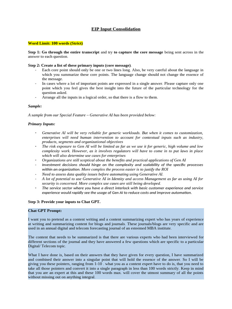 EIP Input Consolidation | PDF