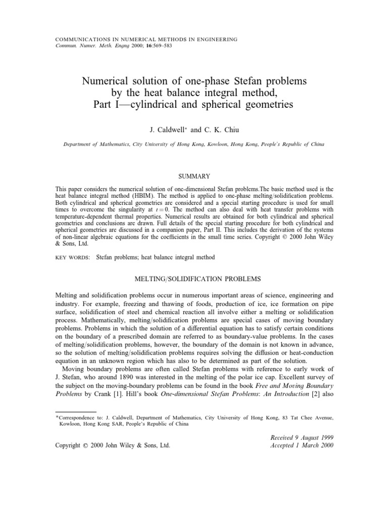 Numerical Solution of One-Phase Stefan Problems by The Heat Balance Integral Method, Part I ...