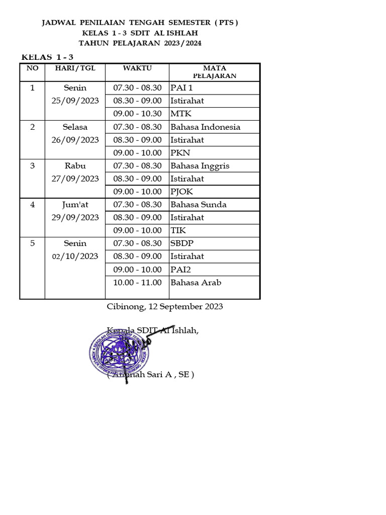 Jadwal PTS Kelas 1 - 3 Tahun 2023-Rev01 | PDF