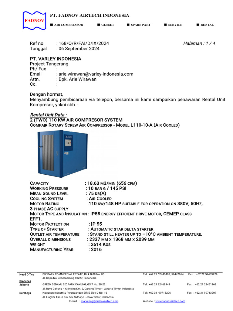 168-PT. Varley Indonesia, Rental Unit Kompresor CompAir L110 (2 Unit) | PDF