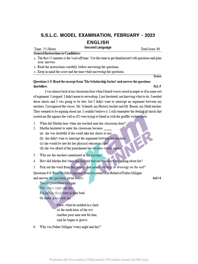 SSLC English Model QP 2023 | PDF