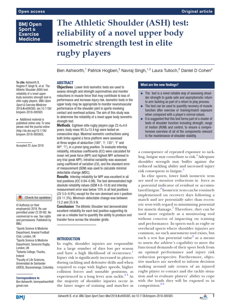 The Athletic Shoulder (ASH) Test: Reliability of A Novel Upper Body ...