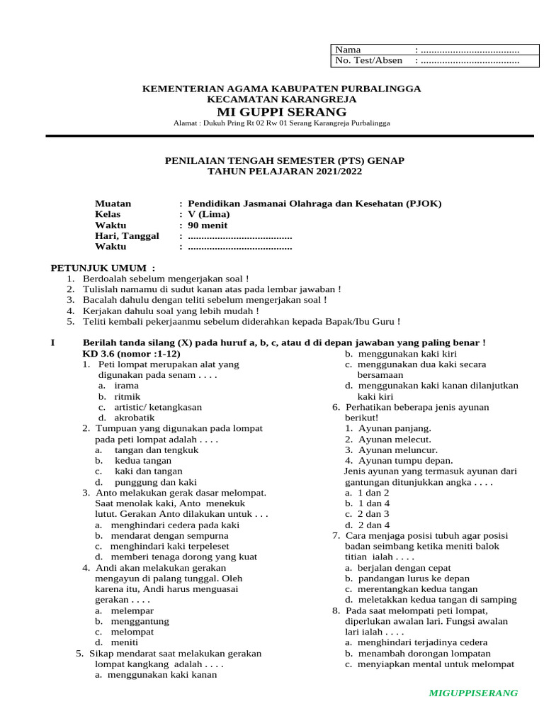 Soal Pts 2 Mapel Pjok Kelas 5 | PDF