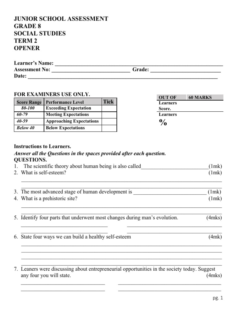 Junior School Assessment Grade 8 Social Studies Term 2 Opener | PDF