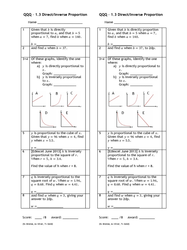 MYP5S 1.3 Direct and Inverse Proportion Main Worksheet | PDF