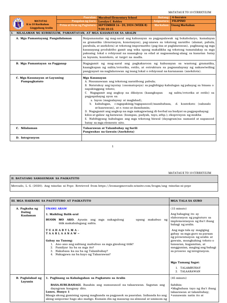 DLL Matatag - Filipino 4 Q1 W8 | PDF