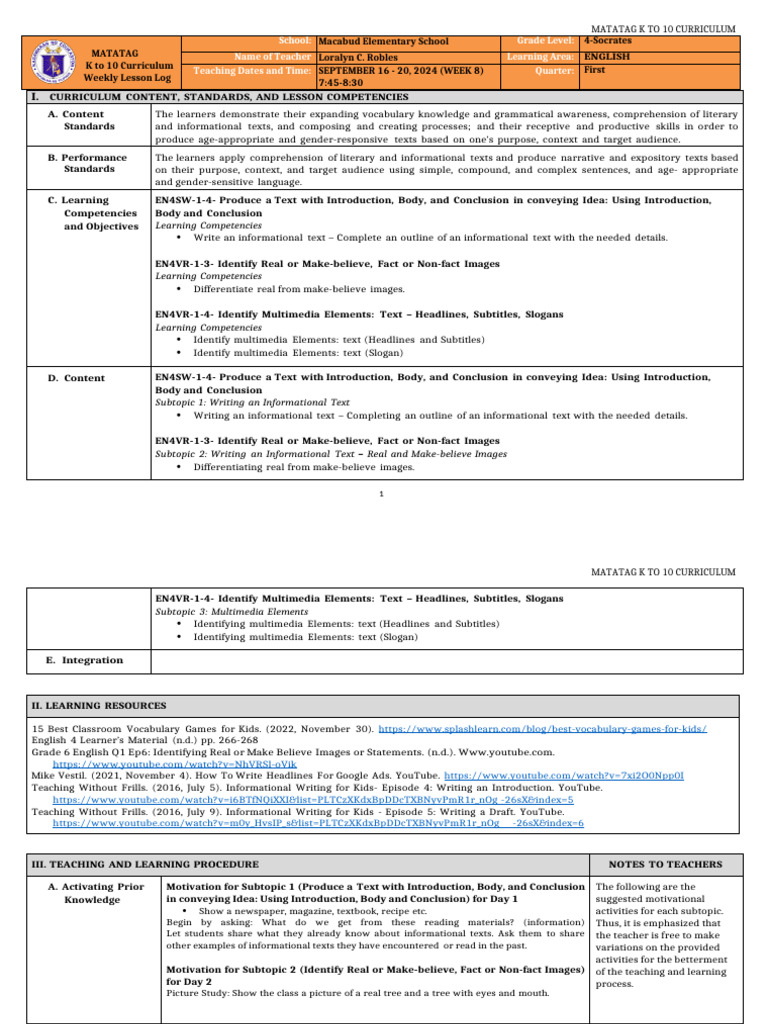 DLL Matatag - English 4 Q1 W8 | PDF