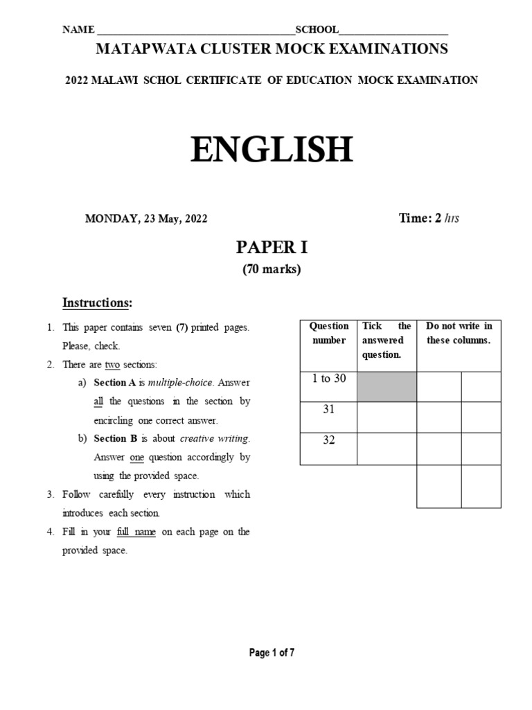 English P1, Msce Mock 2022 | PDF