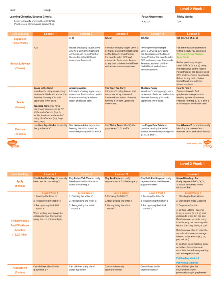 Level 2 Week 1 Weekly Plan | PDF