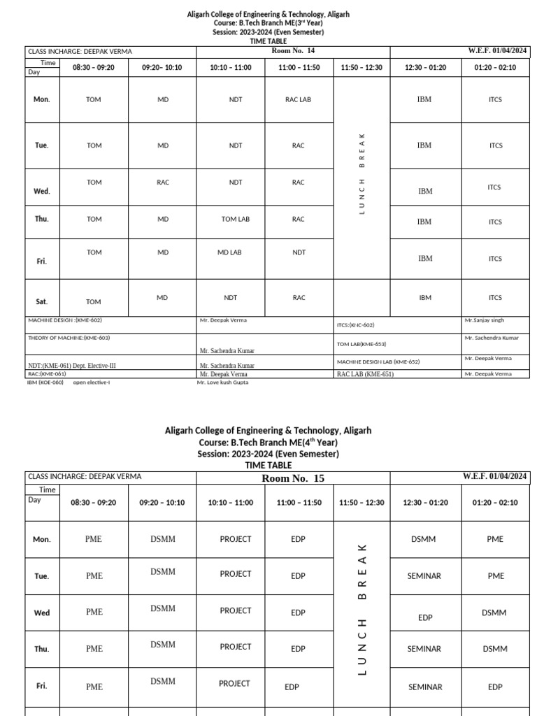 B.Tech ME Timetable 2023-24 Aligarh | PDF