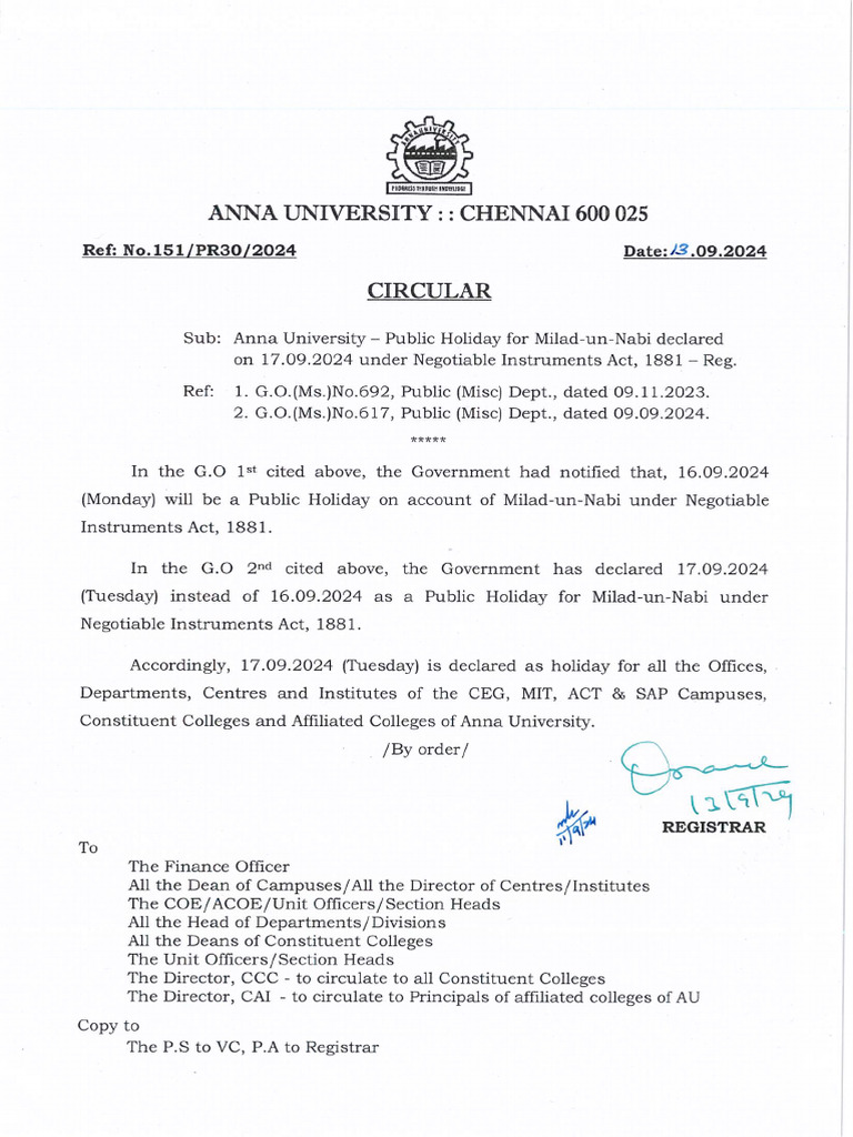 Milad Un Nabi Leave Circular | PDF