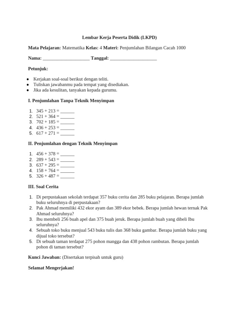Lembar Kerja Peserta Didik Kelas 4 Mapel MTK | PDF