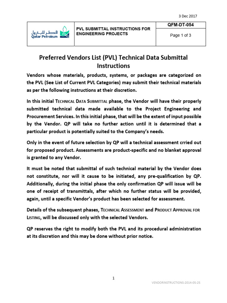Vendor Instructions For Pvl-Related Submittals 30-11-2017 | PDF | Computing | Business